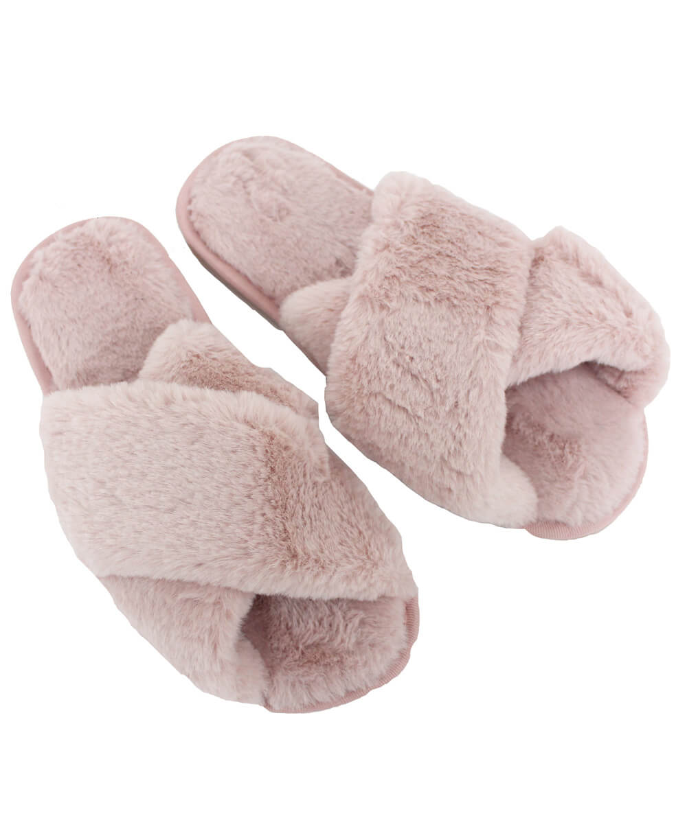 Lux Faux Fur Criss Cross Slippers– Plunkett's Hallmark